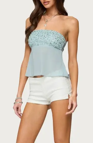 EDIKTED Beaded Strapless Chiffon Top