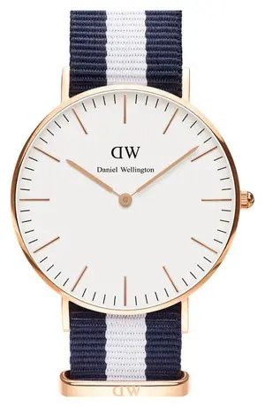 DANIEL WELLINGTON Nato Strap Watch - Blue/white/rose Gold