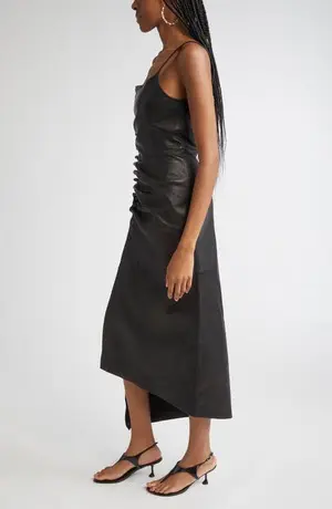 Rabanne Draped Lambskin Leather Midi Dress - Black