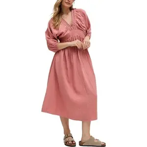 RAFFYA Soipoi Ruched V-neck Midi Dress - Pink