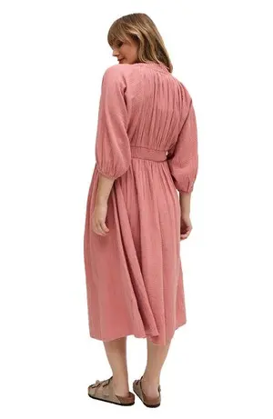 RAFFYA Soipoi Ruched V-neck Midi Dress - Pink
