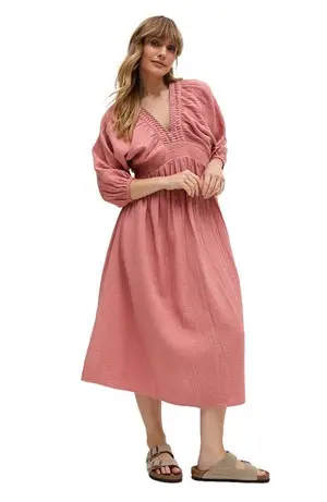 RAFFYA Soipoi Ruched V-neck Midi Dress - Pink