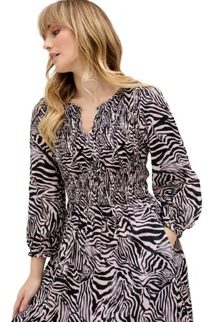 RAFFYA Shirred Bodice Zebra Print Maxi Dress