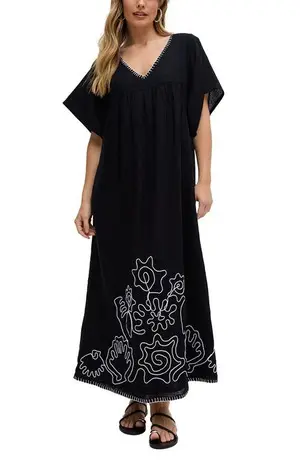 RAFFYA Candy Tabard Embroidered Hem Midi Dress