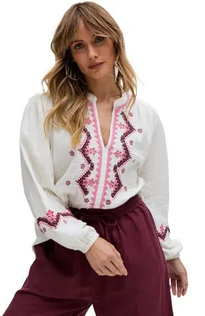 RAFFYA Dina V-neck Embroidered Blouse