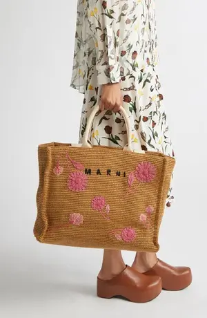 Marni Floral Embroidered Raffia Tote