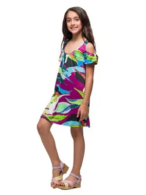 24SEVENKID Multicolor Print Cold Shoulder A-line Dress - Purple Multi