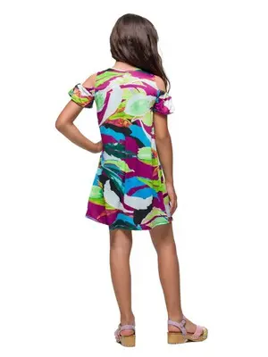24SEVENKID Multicolor Print Cold Shoulder A-line Dress - Purple Multi