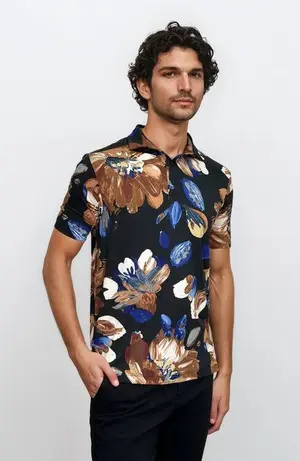 24SEVENMEN Wrinkle Resistant 3 Button Brown Floral Polo Shirt - Blue Multi