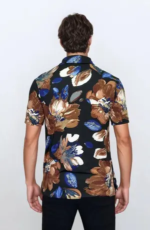 24SEVENMEN Wrinkle Resistant 3 Button Brown Floral Polo Shirt - Blue Multi