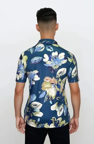 24SEVENMEN Wrinkle Resistant 3 Button Blue Floral Polo Shirt - Blue Multi