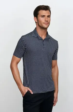 24SEVENMEN Wrinkle Resistant 3 Button Polka Dot Polo Shirt - Navy Multi