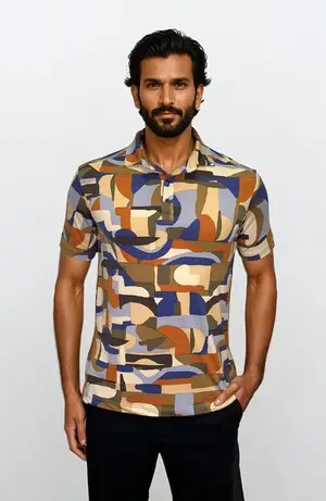 24SEVENMEN Wrinkle Resistant 3 Button Desert Sand Polo Shirt - Orange Multi