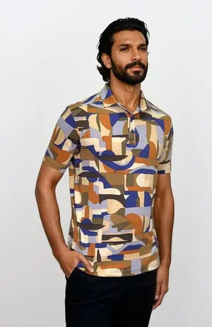 24SEVENMEN Wrinkle Resistant 3 Button Desert Sand Polo Shirt - Orange Multi