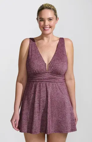 LANDS' END Slender Suit Swim Dress - Burgundy Shine