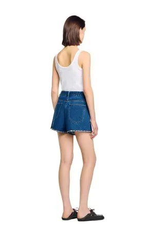 Sandro Rhinestone Denim Tulip Hem Shorts