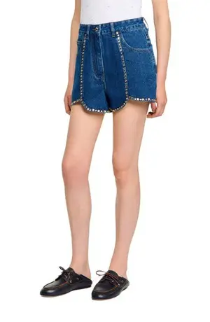 Sandro Rhinestone Denim Tulip Hem Shorts