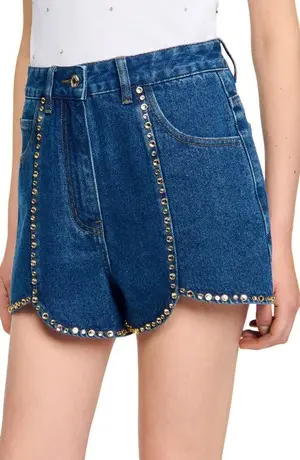 Sandro Rhinestone Denim Tulip Hem Shorts