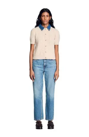 Sandro Cardigan With Detachable Denim Collar - Beige