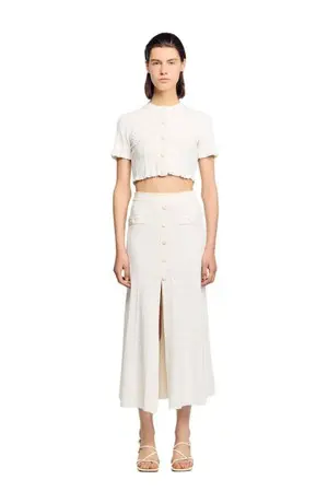 Sandro Pointelle Knit Midi Skirt - Ecru