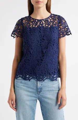 MILLY Curled Lace Top - Navy