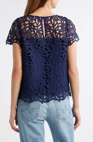 MILLY Curled Lace Top - Navy