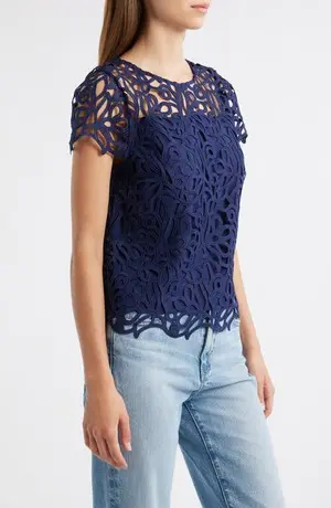 MILLY Curled Lace Top - Navy