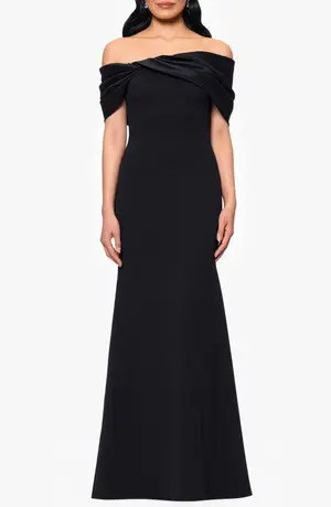 Betsy & Adam Off The Shoulder Crepe & Taffeta Sheath Gown