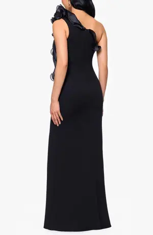 Betsy & Adam Organza Ruffle One-shoulder Scuba Crepe Gown - Black