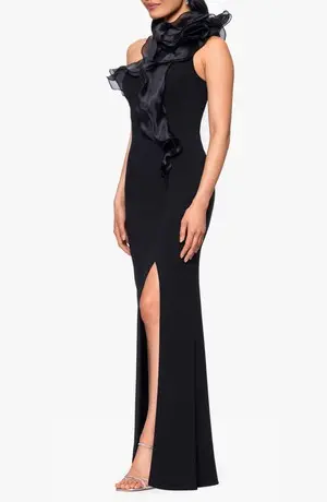 Betsy & Adam Organza Ruffle One-shoulder Scuba Crepe Gown - Black
