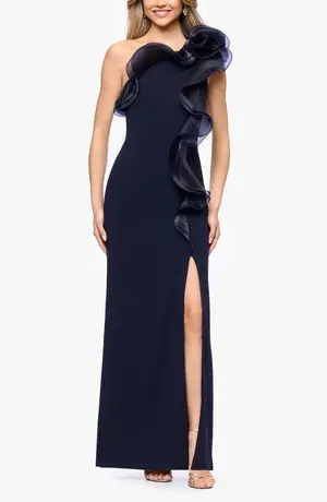 Betsy & Adam Organza Ruffle One-shoulder Scuba Crepe Gown - Navy/navy