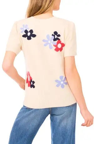 CECE DUPRAZ Floral Short Sleeve Sweater - Birch