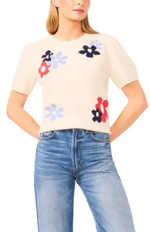 CECE DUPRAZ Floral Short Sleeve Sweater Birch