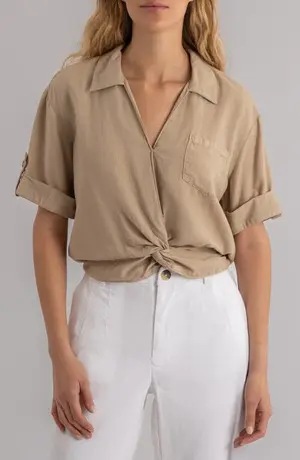 Kut From The Kloth Rebel Knot-front Linen-blend Top - Stone