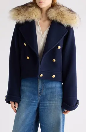 Chloé Crop Double-breasted Coat With Shearling Collar - Evening Blue