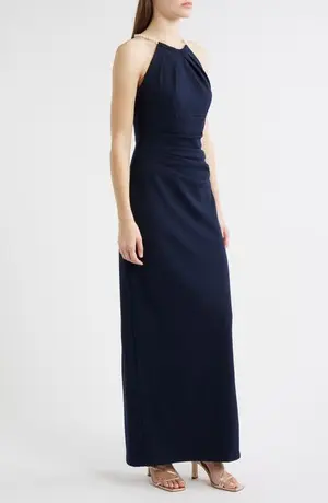 Eliza J Faux Pearl Neckline Gown