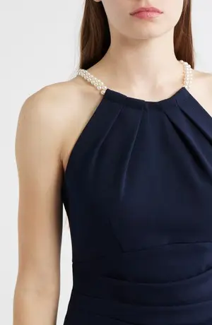 Eliza J Faux Pearl Neckline Gown