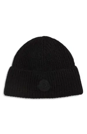 Moncler Logo Patch Wool & Mohair Blend Beanie Black