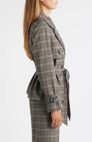 Anne Klein Plaid Belted Short Trench Coat