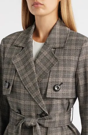 Anne Klein Plaid Belted Short Trench Coat