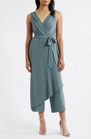 CONNECTED APPAREL Wrap-Front Jumpsuit Moss