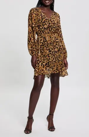 Guess Leopard Print Long Sleeve Minidress