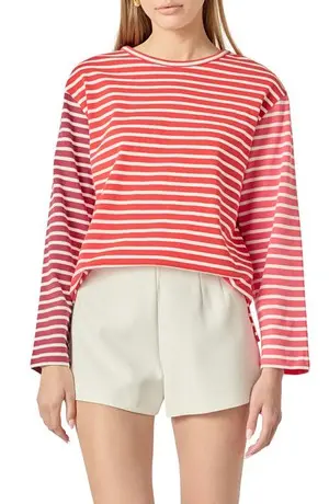 English Factory Colorblock Striped Long Sleeve Cotton T-shirt - Red Multi