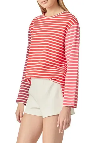 English Factory Colorblock Striped Long Sleeve Cotton T-shirt - Red Multi