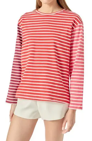 English Factory Colorblock Striped Long Sleeve Cotton T-shirt - Red Multi