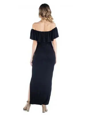 24SEVEN COMFORT APPAREL Maternity Off Shoulder Maxi Dress With Ruffle Detail - Black
