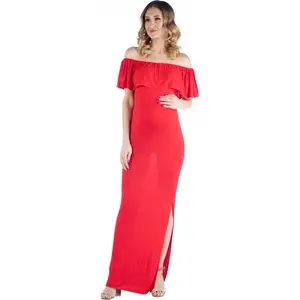 24SEVEN COMFORT APPAREL Maternity Off Shoulder Maxi Dress With Ruffle Detail - Red