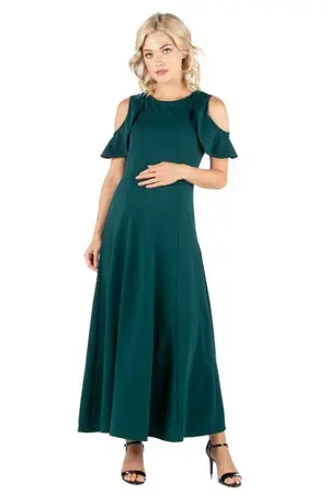 24SEVEN COMFORT APPAREL Maternity Ruffle Cold Shoulder Maxi Dress - Hunter