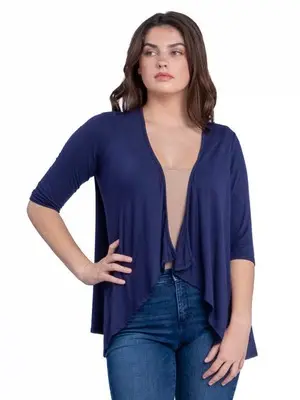 24SEVEN COMFORT APPAREL Petite Elbow Length Sleeve Open Cardigan - Navy