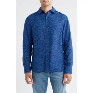 SCHOTT Floral Linen Button-up Shirt - Dark Blue
